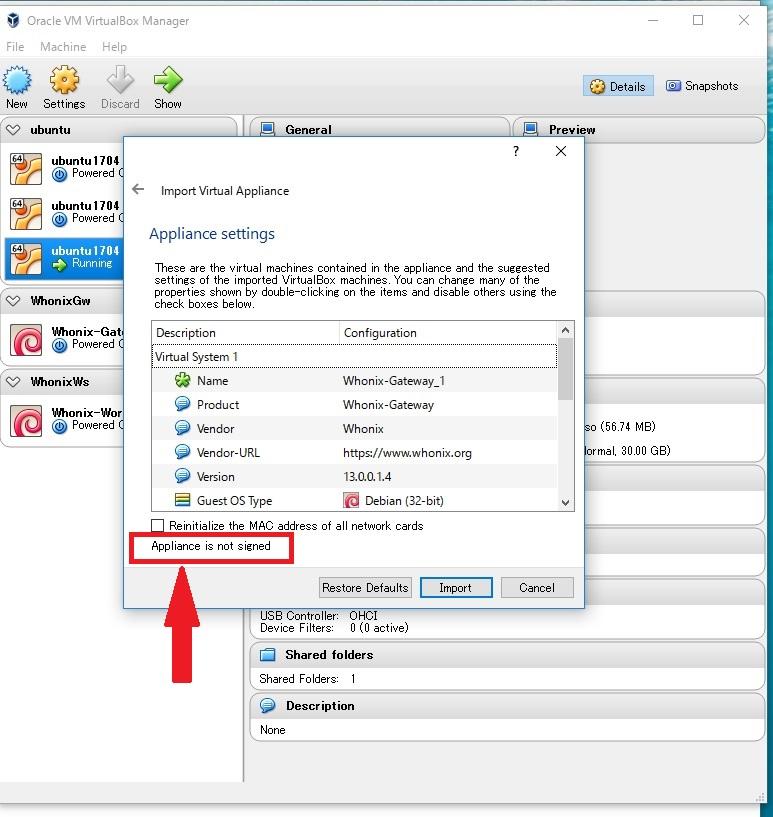 VirtualBox "Appliance is not signed" Error Message